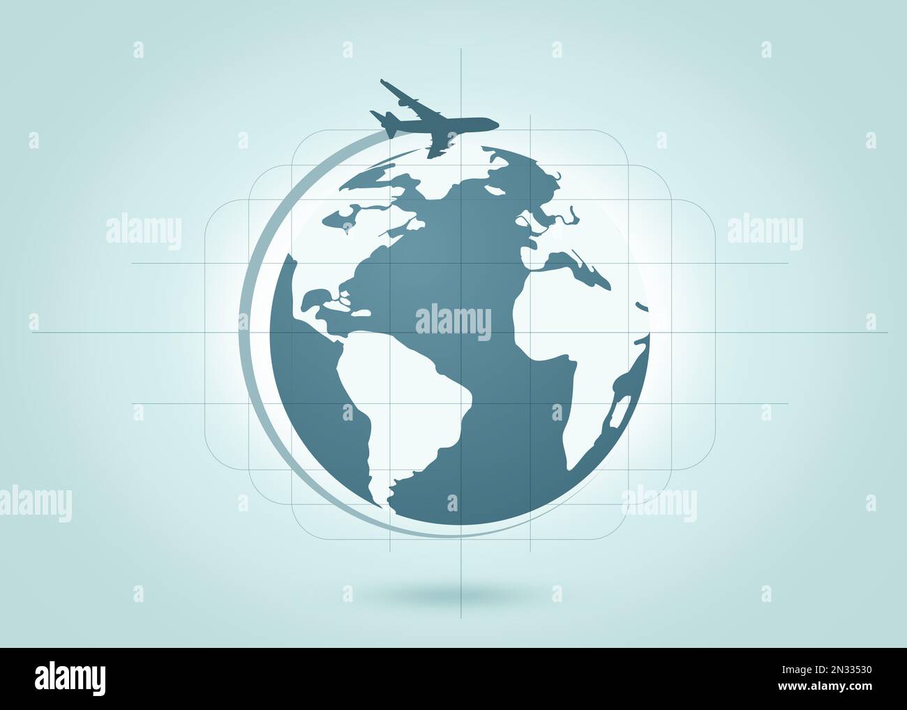 Airplane flying around world on color background, illustration Stock ...