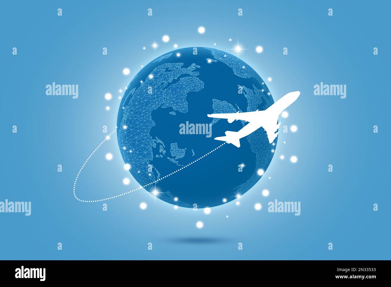 Airplane flying around world on light blue background, illustration ...