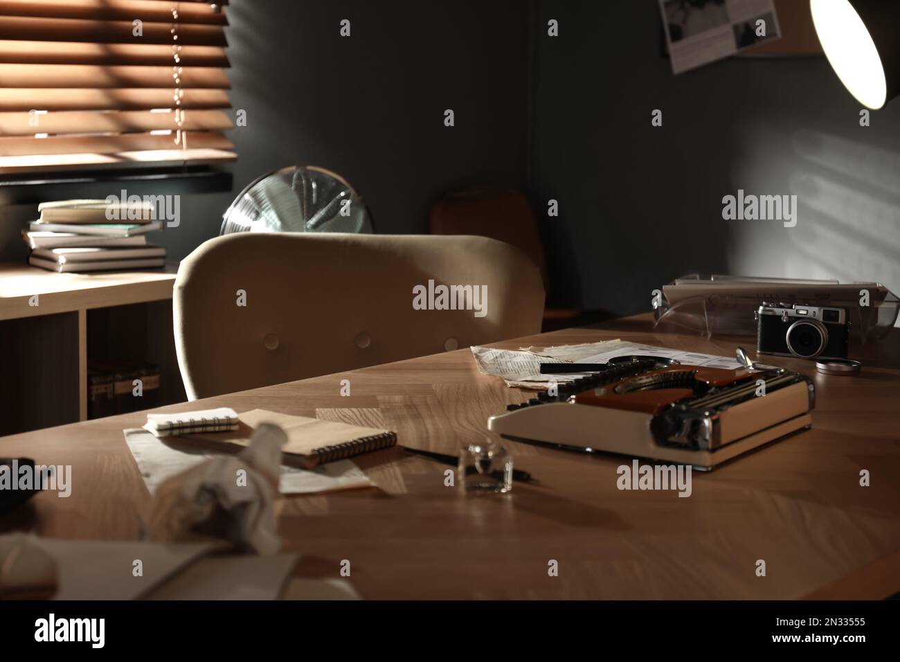 Detective workplace with vintage typewriter and documents Stock Photo ...