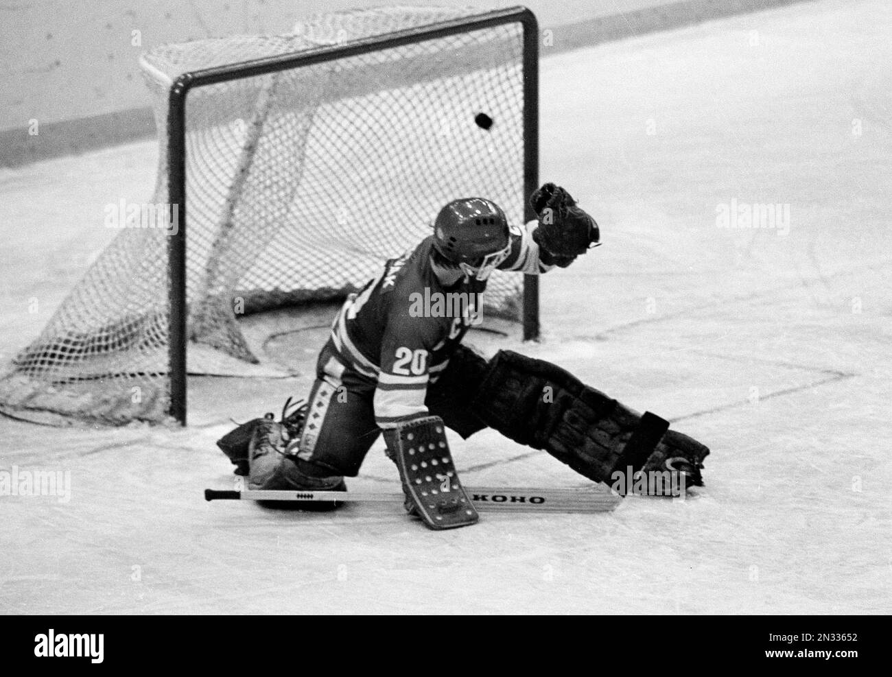FILE - In this 1980 file photo, Soviet goalie Vladislav Tretiak allows ...