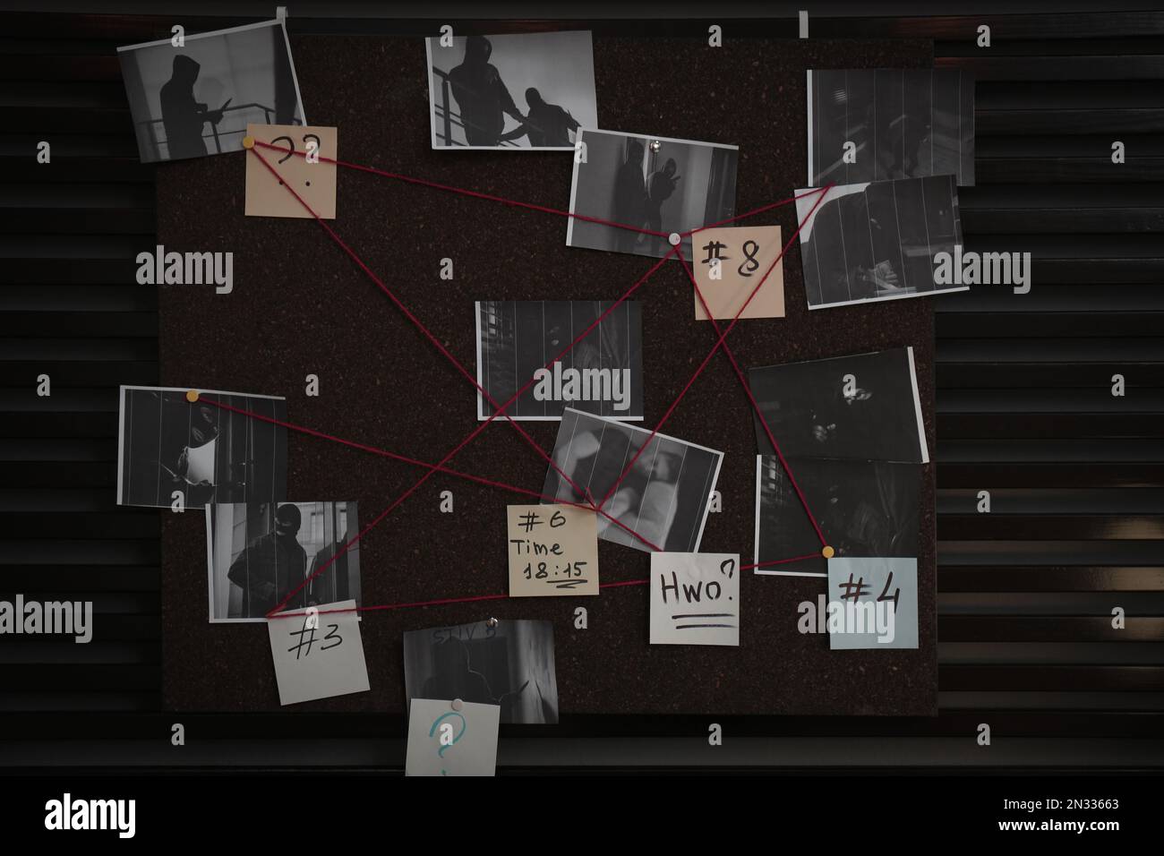 Detective board with crime scene photos, stickers, clues and red thread ...