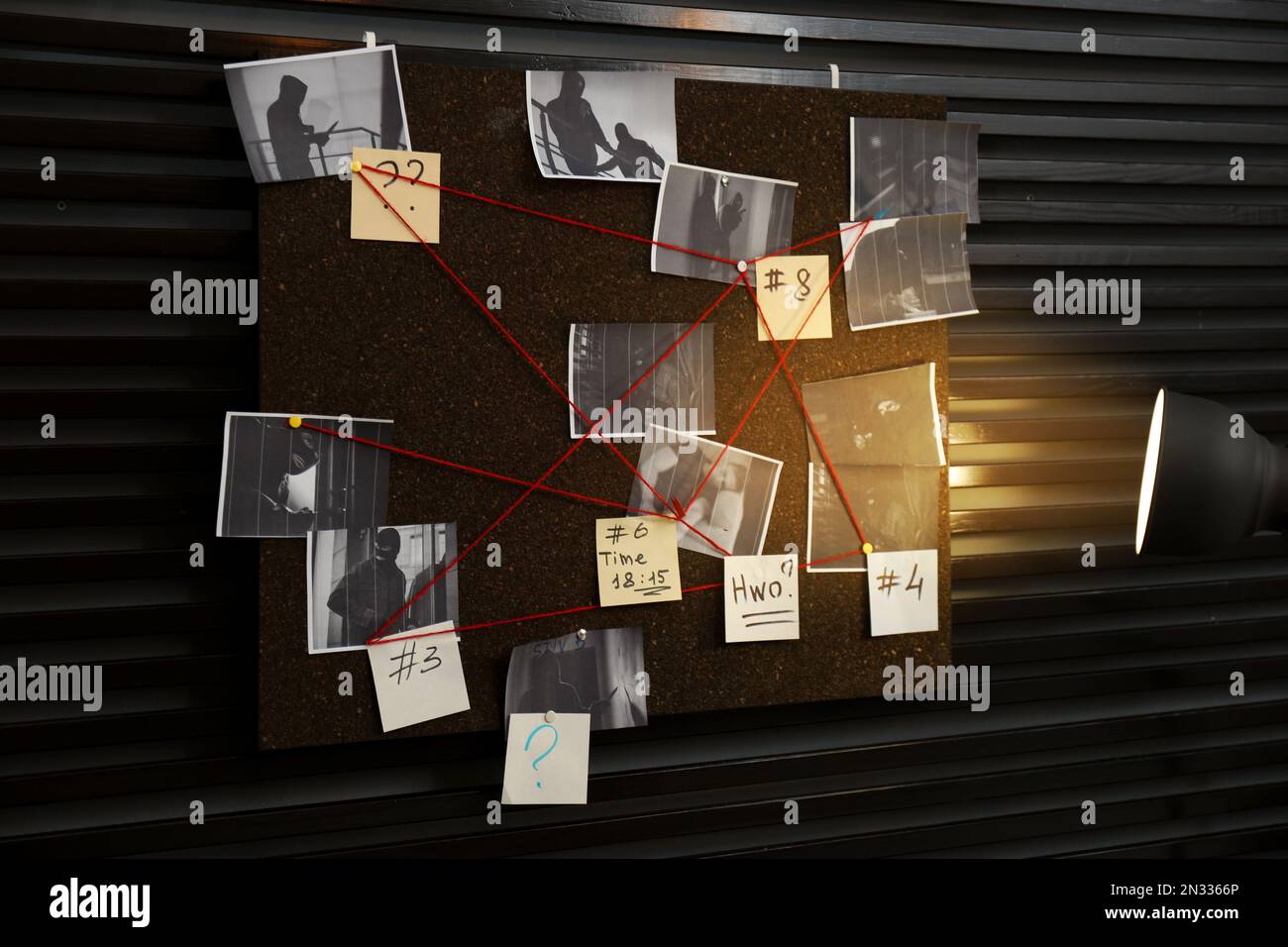 Detective board with crime scene photos, stickers, clues and red thread ...