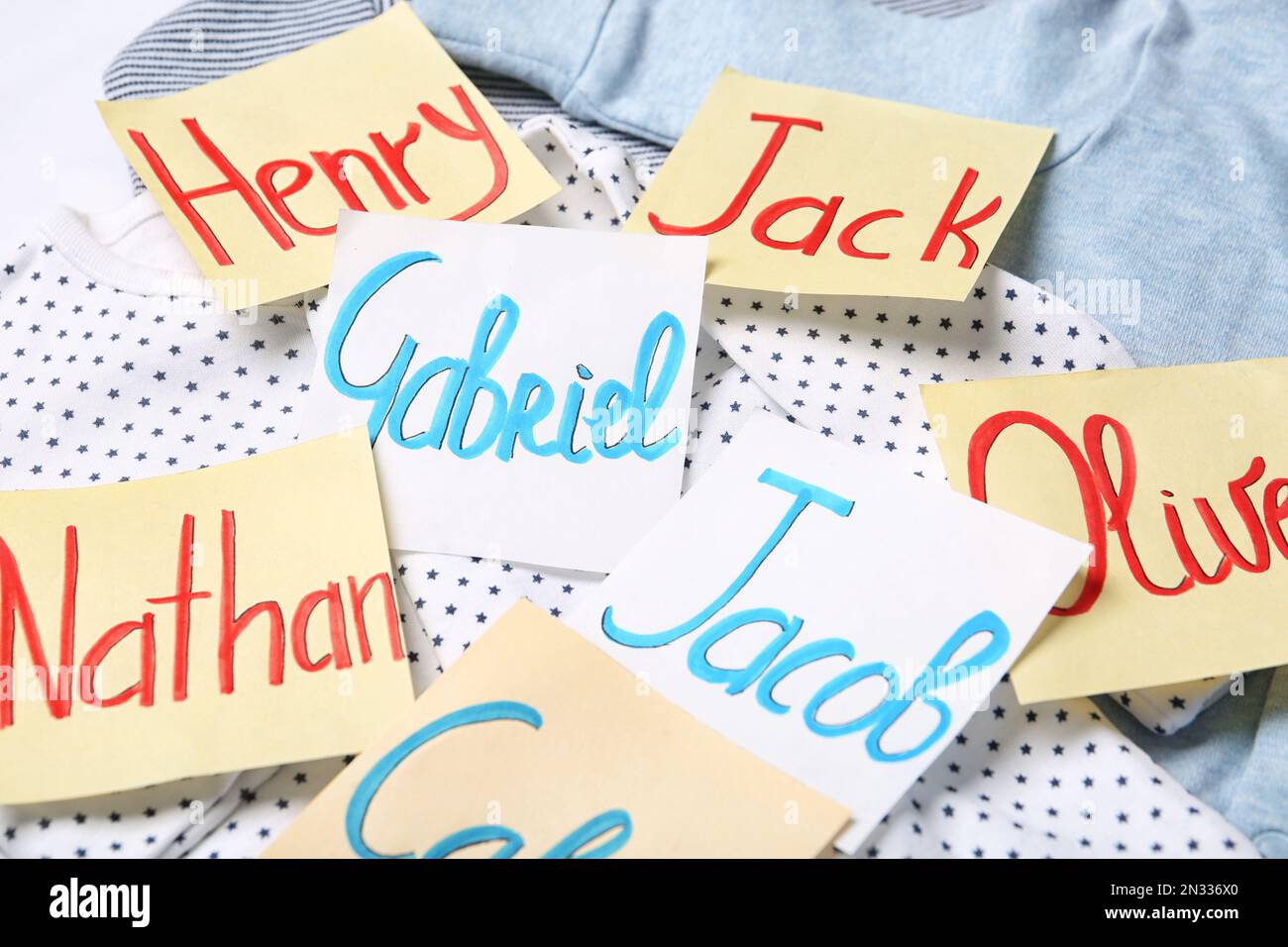 Many sticky notes with different baby names on child's clothes, closeup ...
