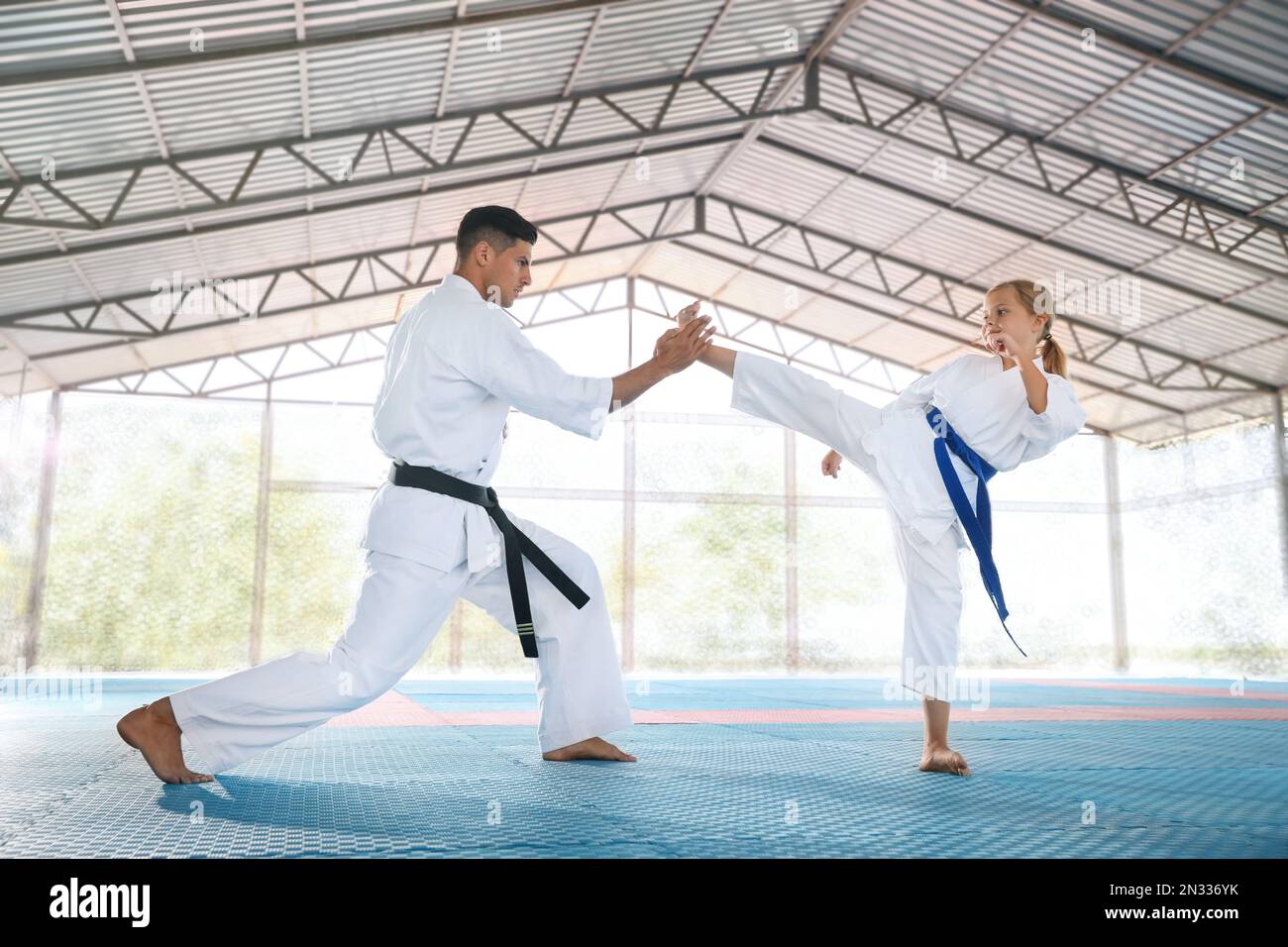 Girl practicing karate with coach on tatami outdoors Stock Photo - Alamy