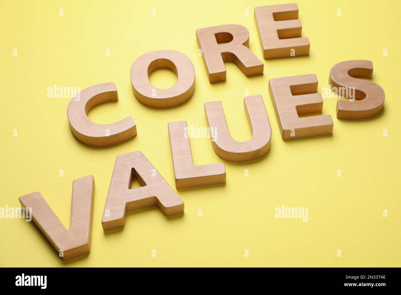 Phrase CORE VALUES made of wooden letters on yellow background Stock ...
