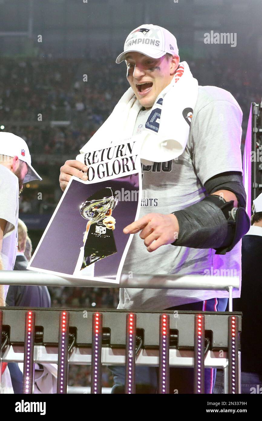 New England Patriots Rob Gronkowski #87 celebrates a win against the ...