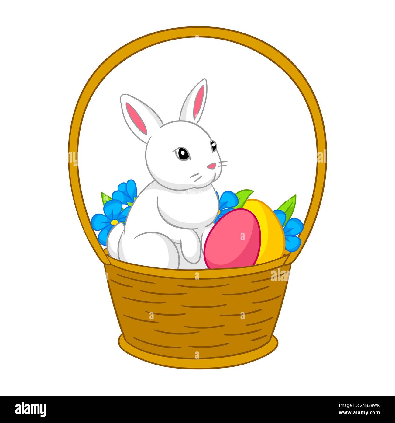 Happy Easter illustration. Cute bunny, eggs and flowers for traditional ...