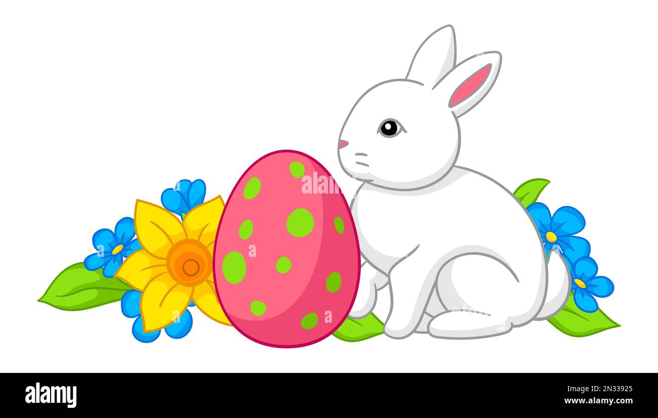 Happy Easter illustration. Cute bunny, egg and flowers for traditional ...