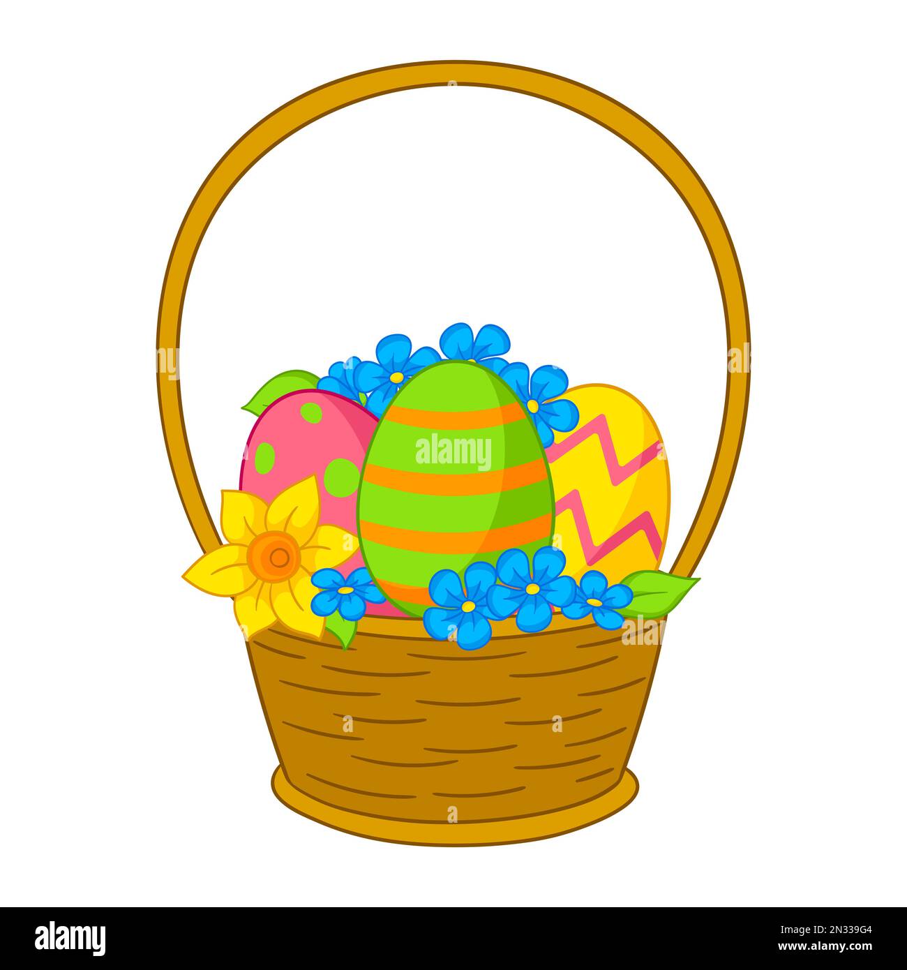 Happy Easter illustration. Cute bucket with eggs and flowers for ...