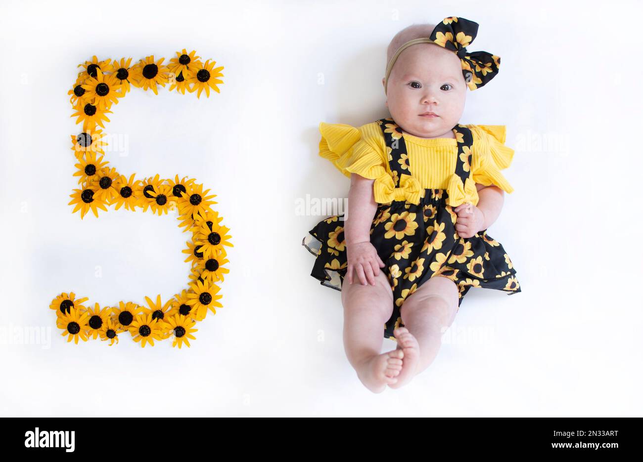 5 month old baby girl in a dress with the flowers. Baby milestone five months Stock Photo - Alamy