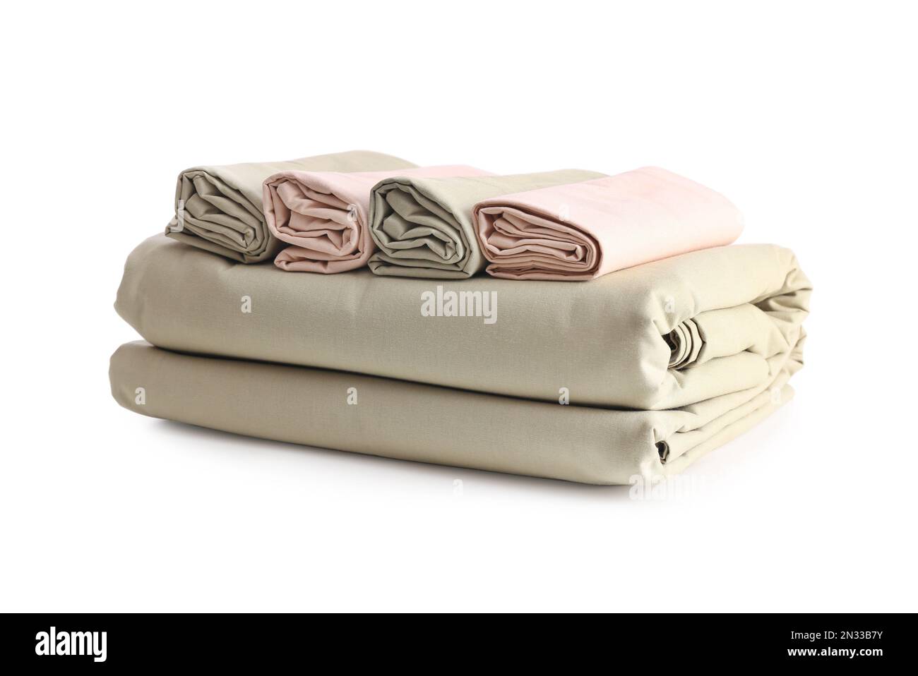 Stack of clean bed sheets isolated on white Stock Photo - Alamy