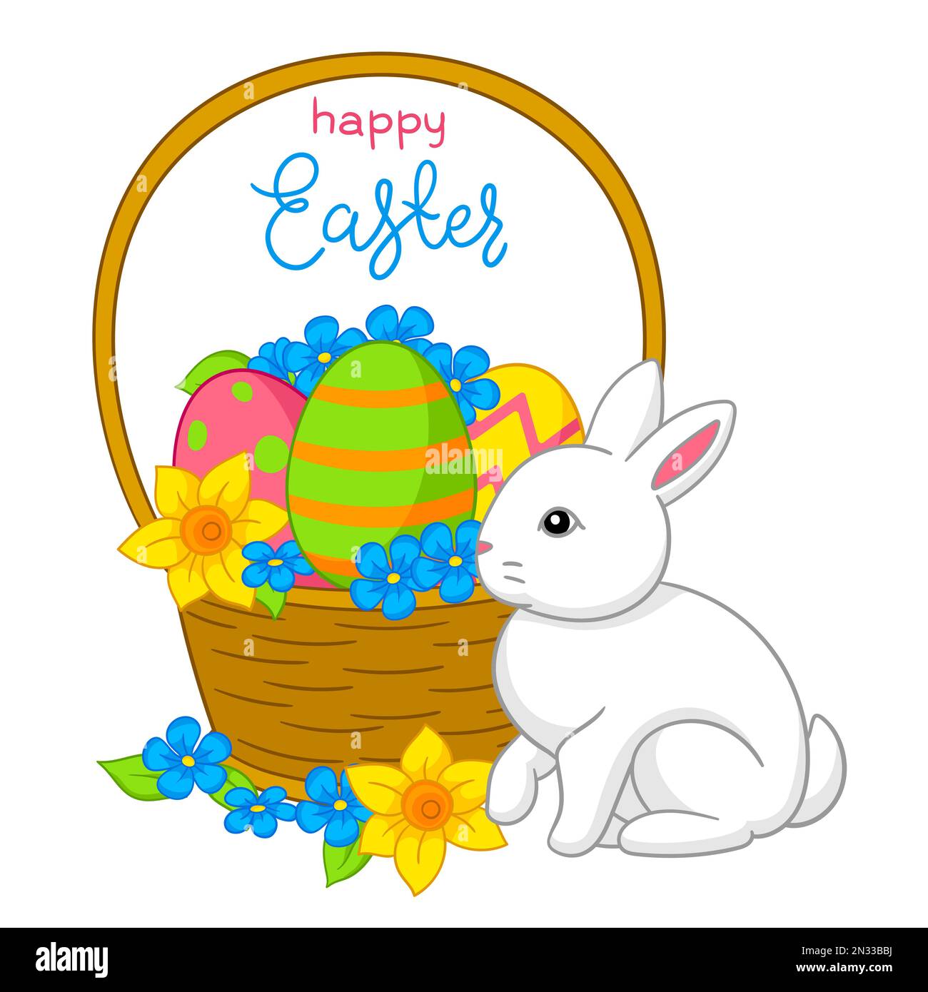 Happy Easter illustration. Cute bunny, eggs and flowers for traditional ...