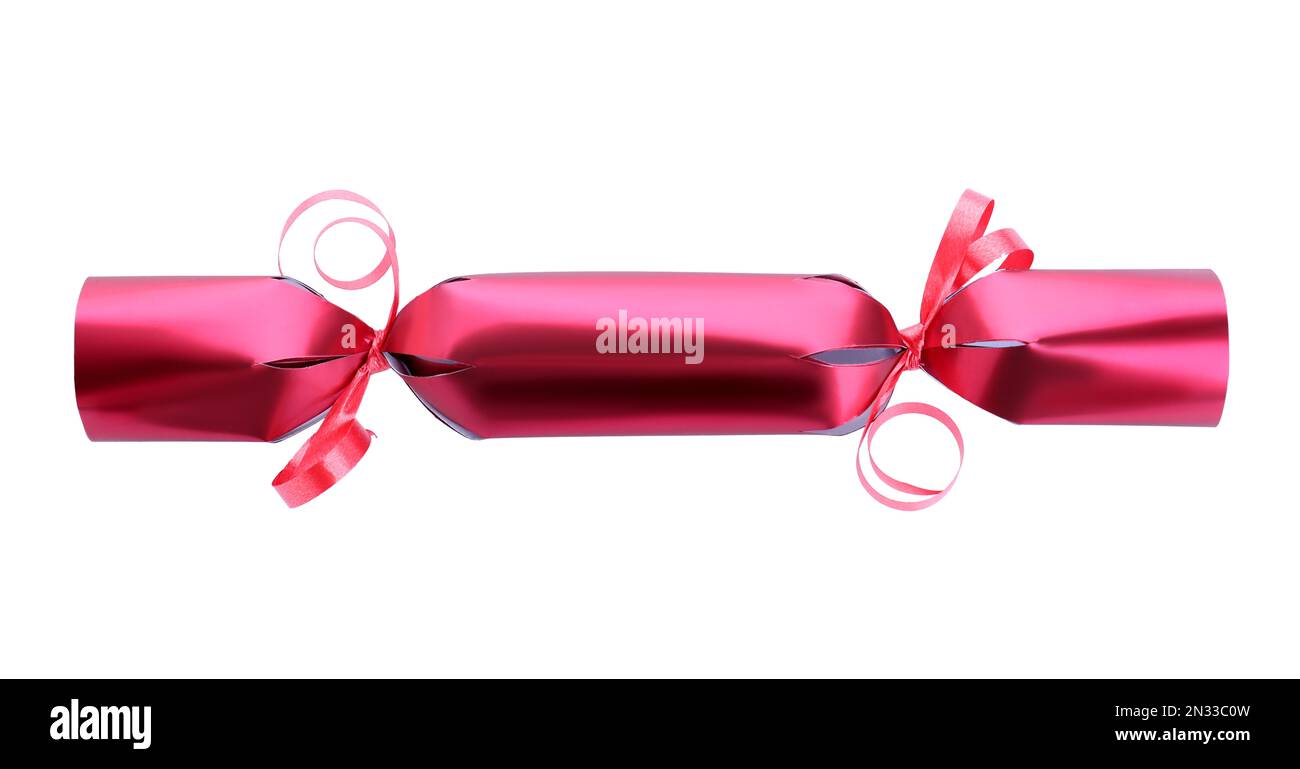 Bright red Christmas cracker isolated on white, top view Stock Photo ...