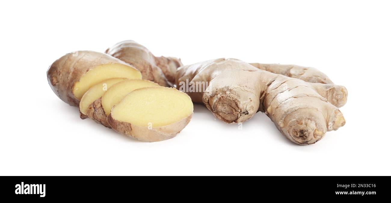 Cut fresh ginger root isolated on white Stock Photo - Alamy