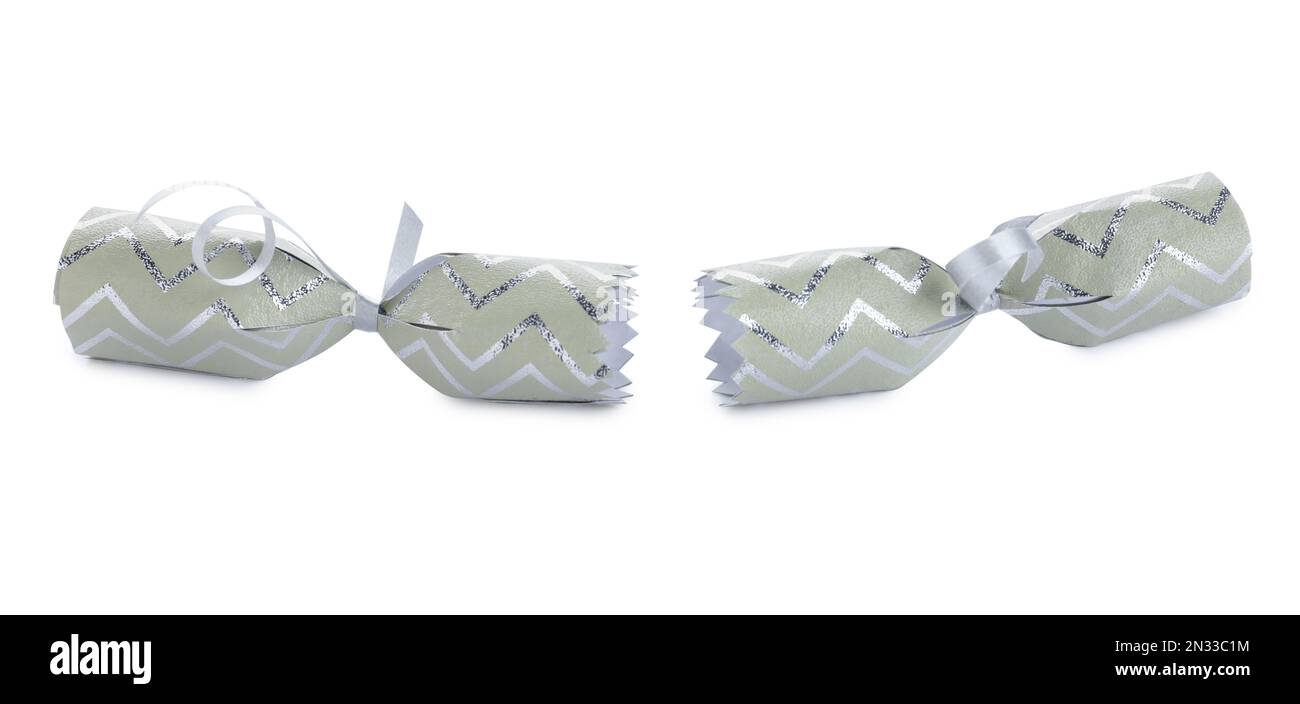 Open Christmas cracker isolated on white. Festive decoration Stock ...