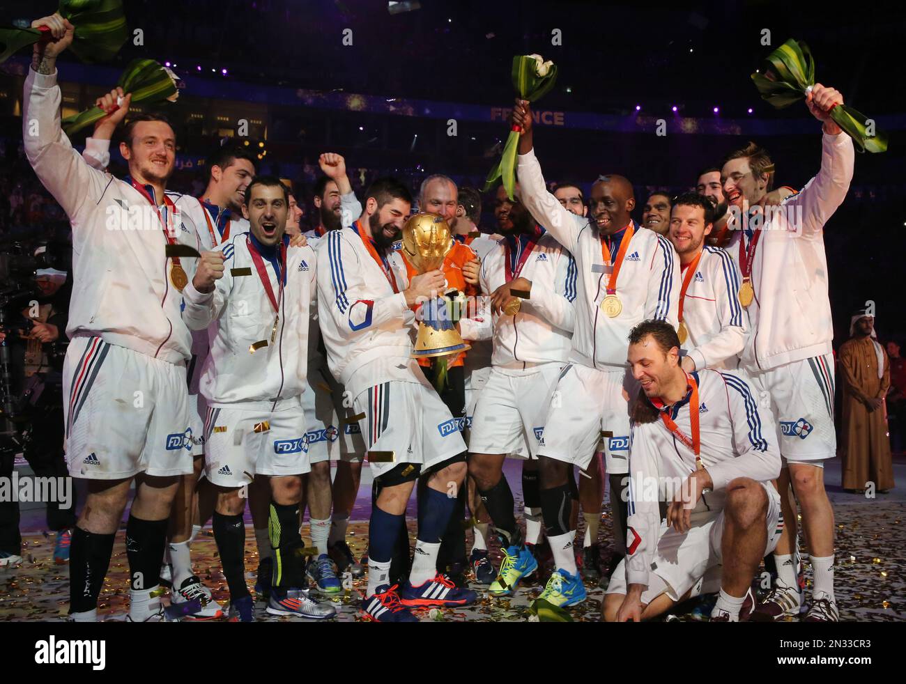 French players celebrate with the trophy during the podium ceremony of ...