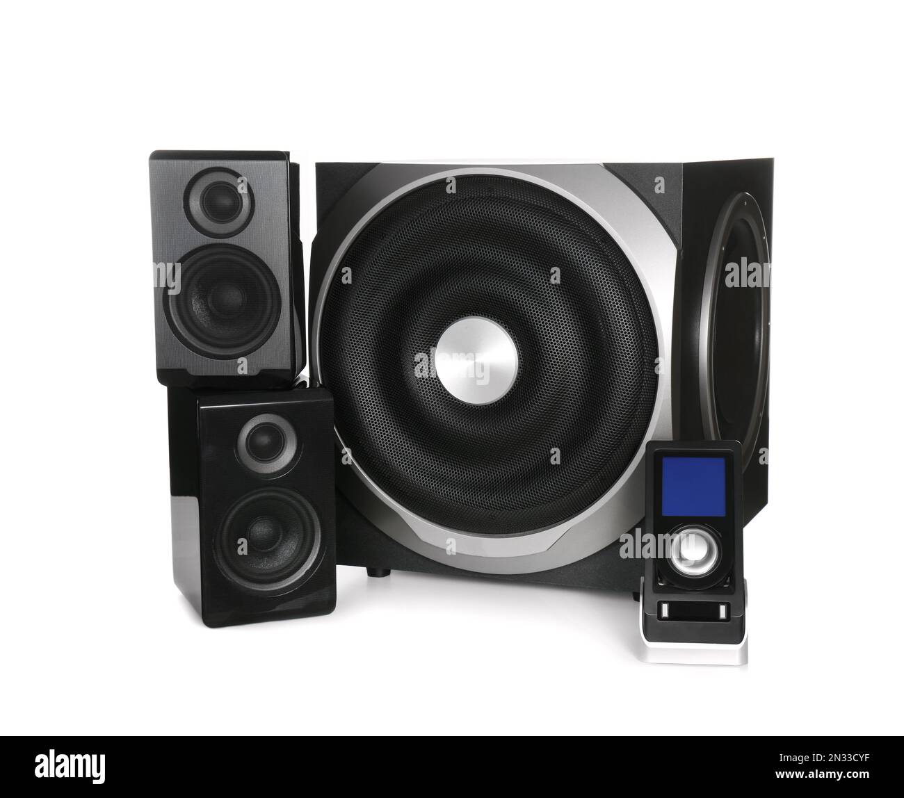 Modern powerful audio speaker system with remote on white background ...