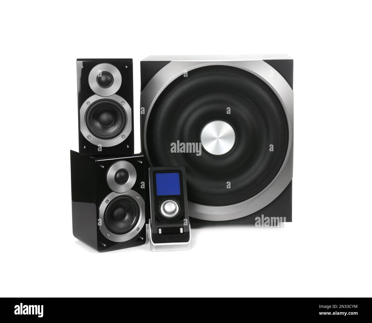Modern powerful audio speaker system with remote on white background ...