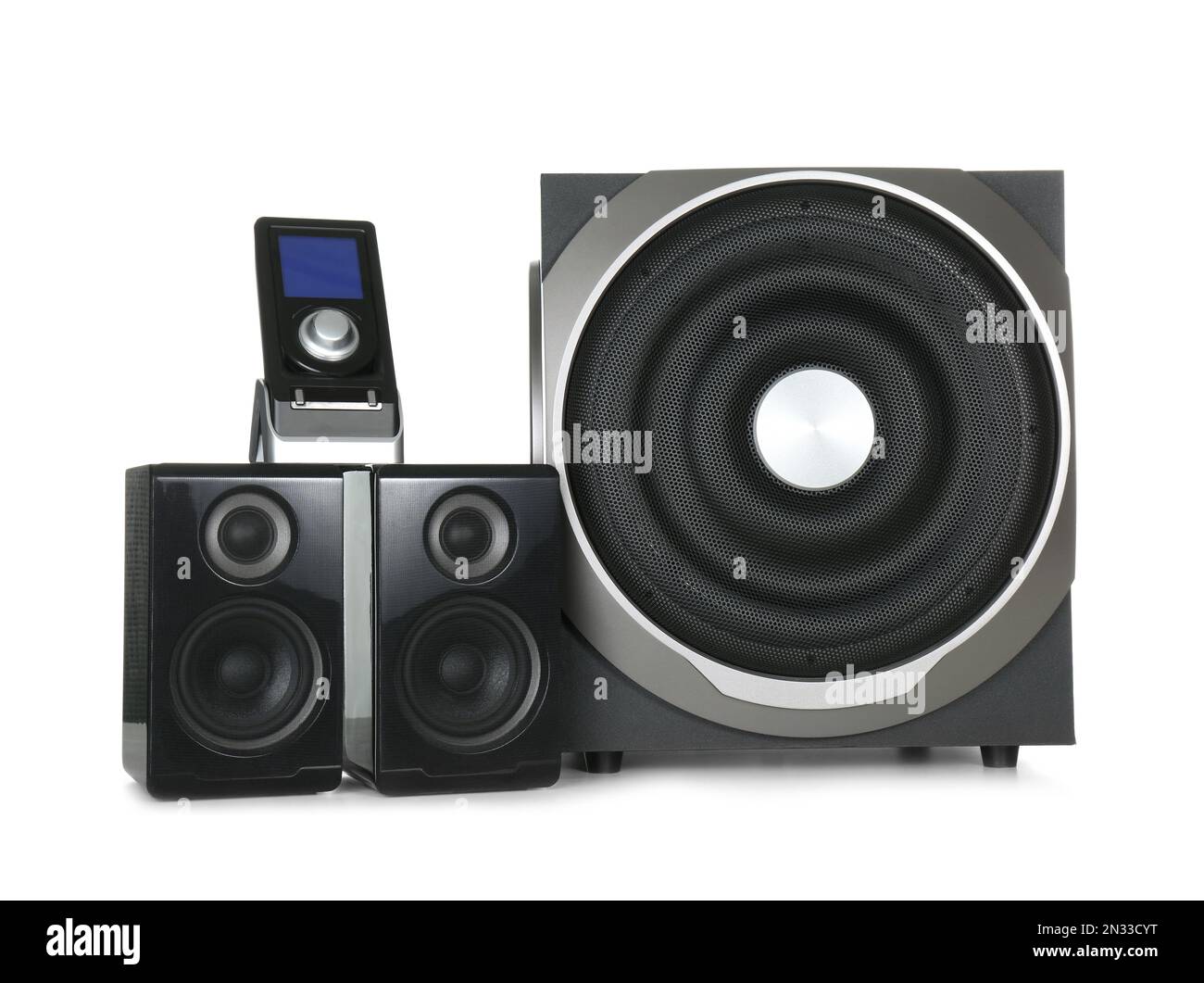 Modern powerful audio speaker system with remote on white background ...