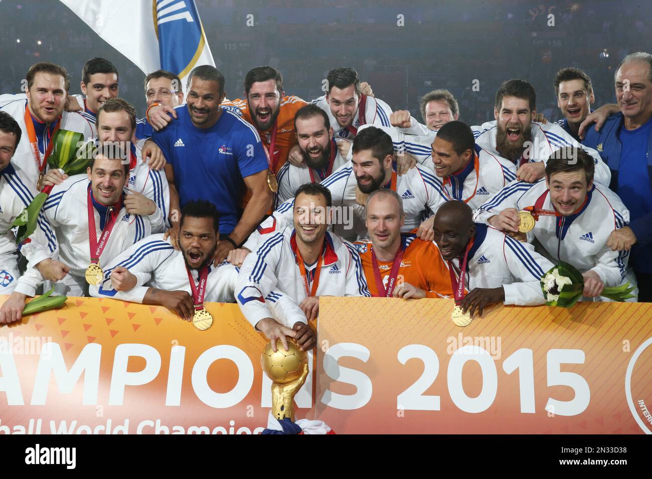 French team players celebrate with the trophy during the podium ...