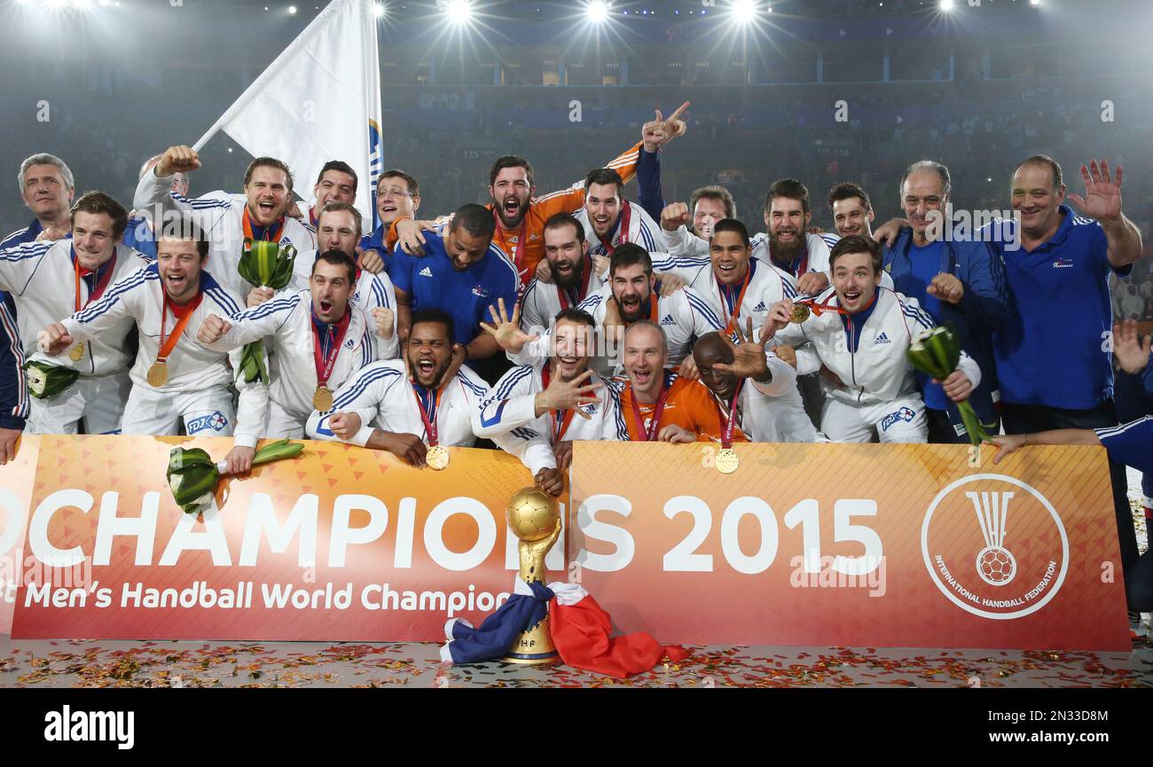 French players celebrate with the trophy during the podium ceremony of ...