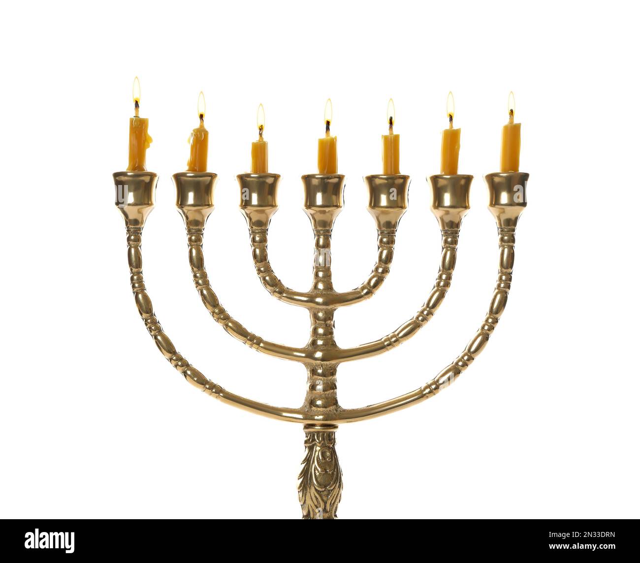 Golden menorah with burning candles on white background Stock Photo - Alamy