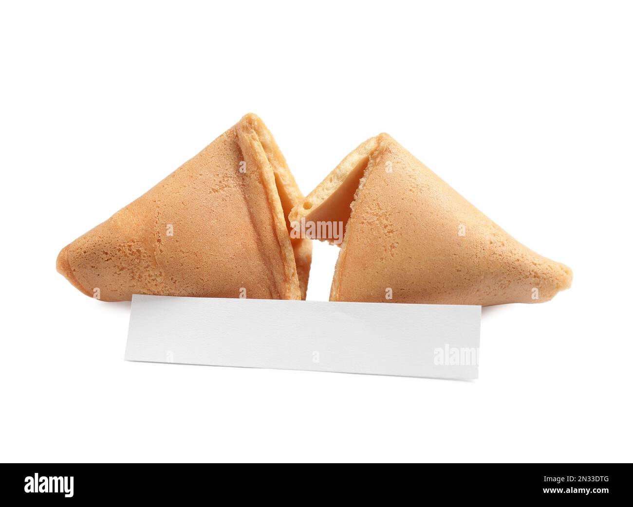Cracked traditional fortune cookie with prediction on white background ...