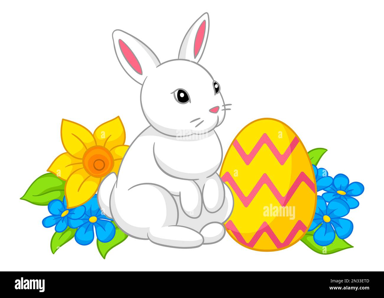 Happy Easter illustration. Cute bunny, egg and flowers for traditional ...