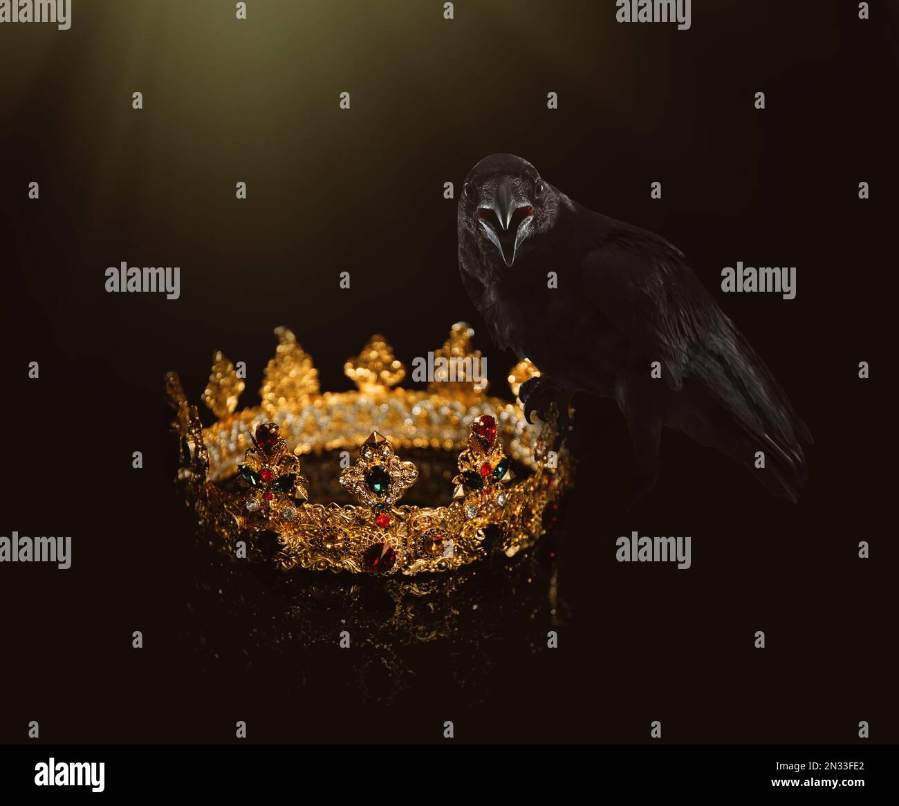 Fantasy world. Black crow lit by magic light sitting on golden crown ...