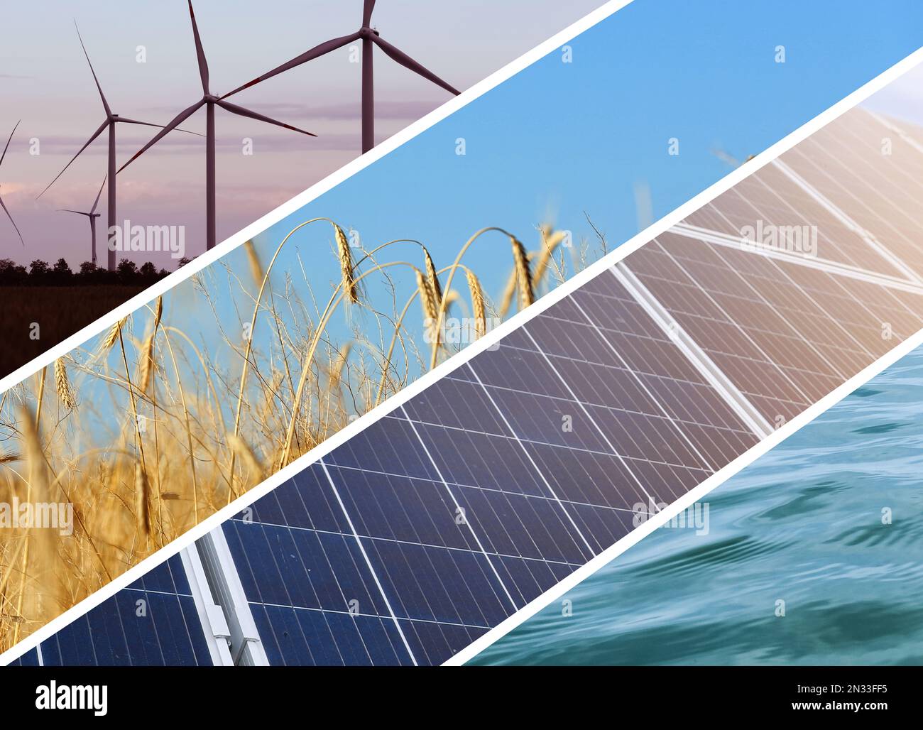 Collage with photos of water, field, solar panels and wind turbines ...