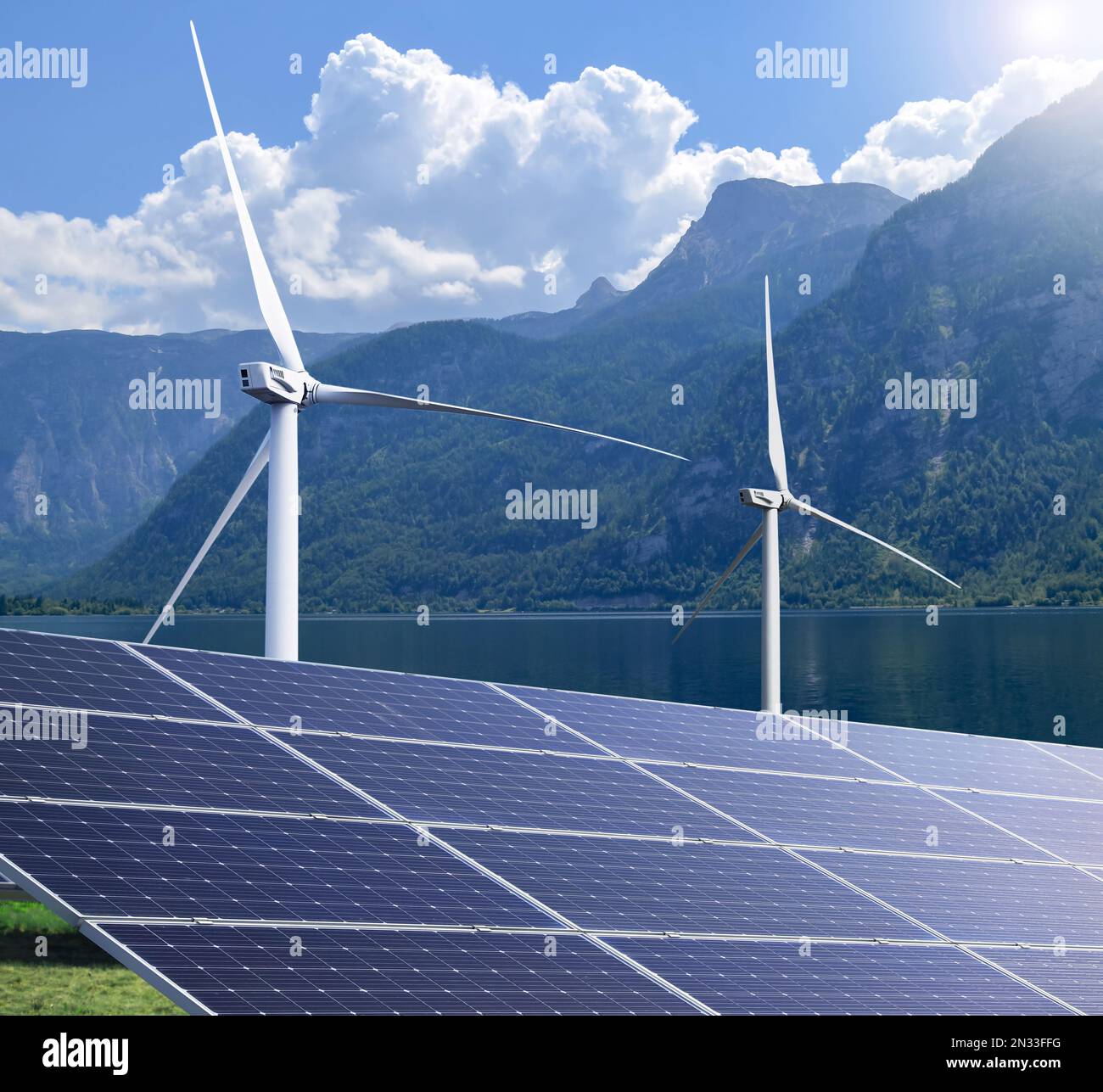 Alternative energy sources. Wind turbines installed in water near bank ...