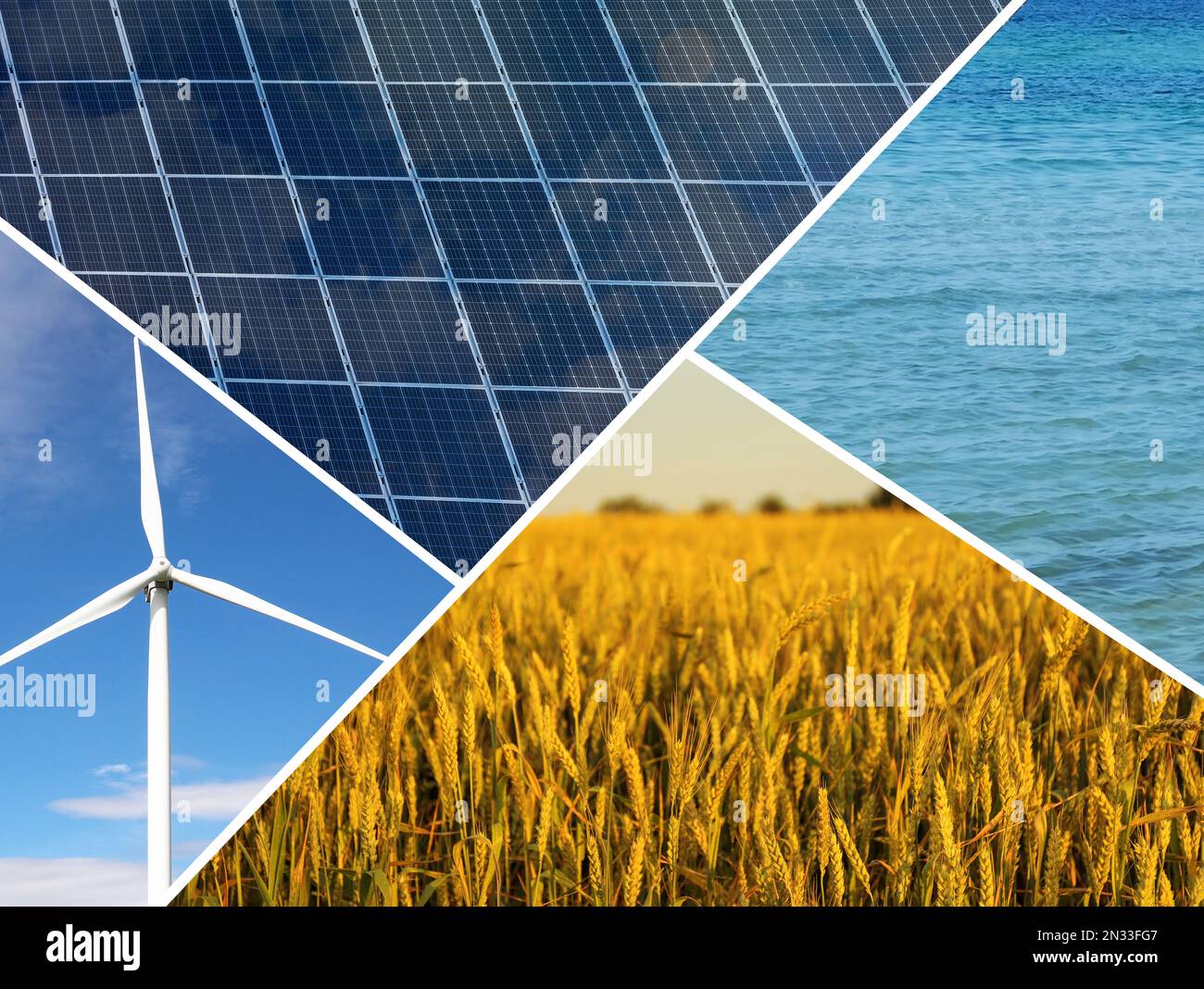 Collage with photos of water, field, solar panels and wind turbine ...