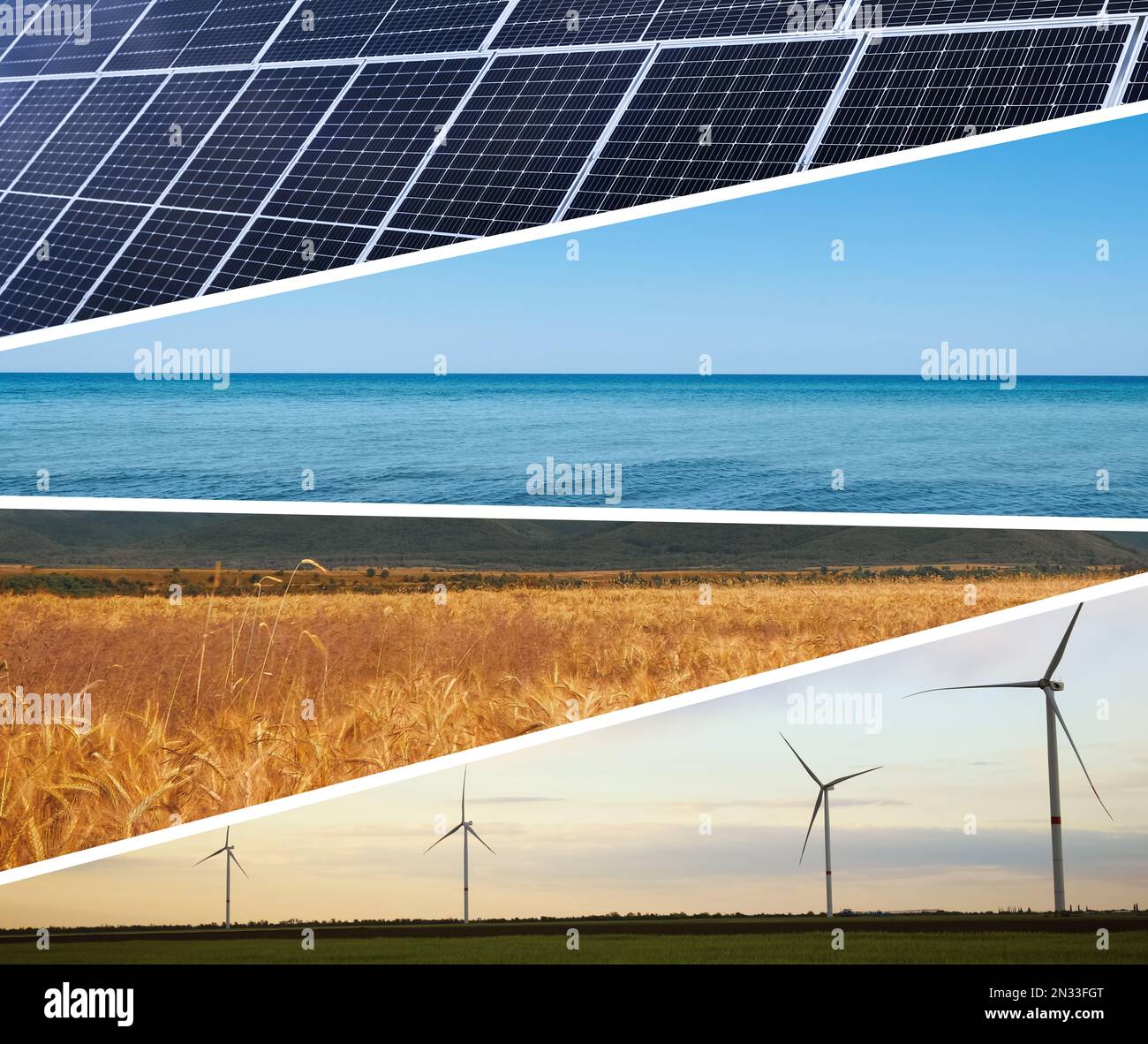 Collage with photos of water, field, solar panels and wind turbines ...