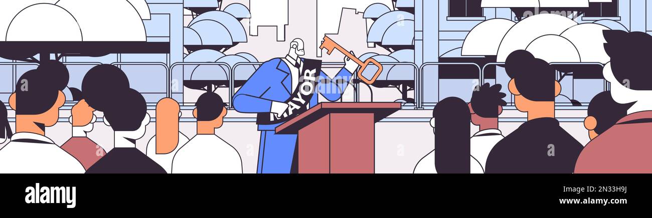 mayor with key giving speech from tribune public statement concept ...