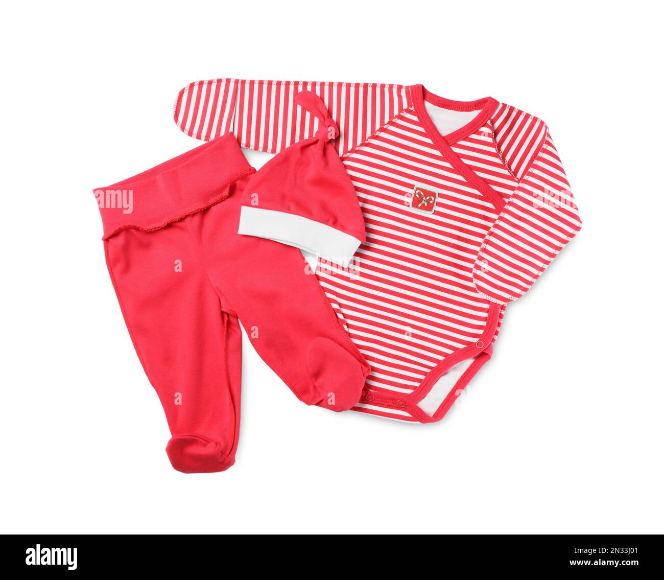 Bright baby clothes on white background, top view. Christmas ...