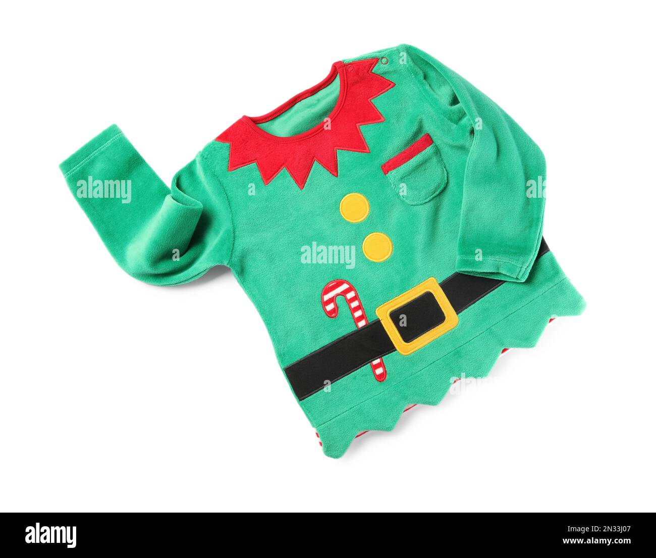 Cute elf jumper on white background, top view. Christmas baby clothes ...