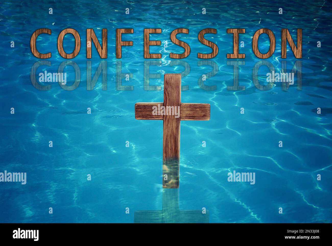 Word Confession near wooden Christian cross in water Stock Photo - Alamy