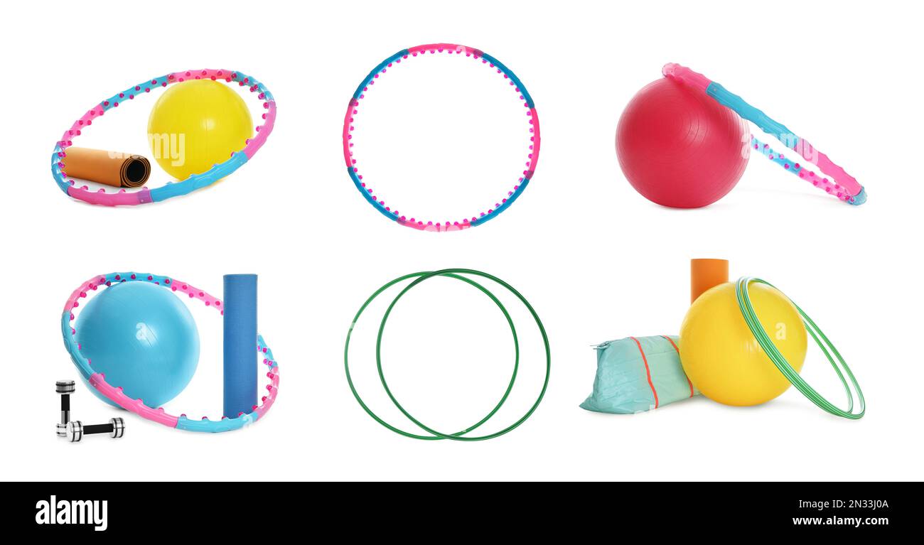 Set of hula hoops and other sports equipment isolated on white. Banner ...