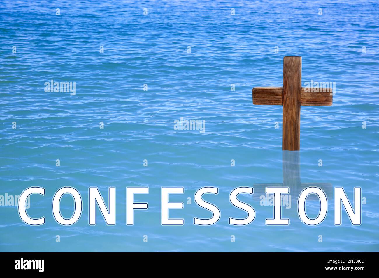 Word Confession near wooden Christian cross in water Stock Photo - Alamy
