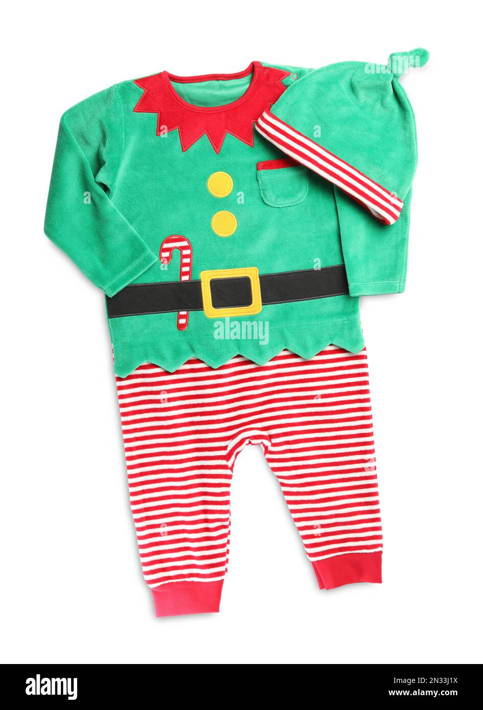 Cute elf suit on white background, top view. Christmas baby clothes ...
