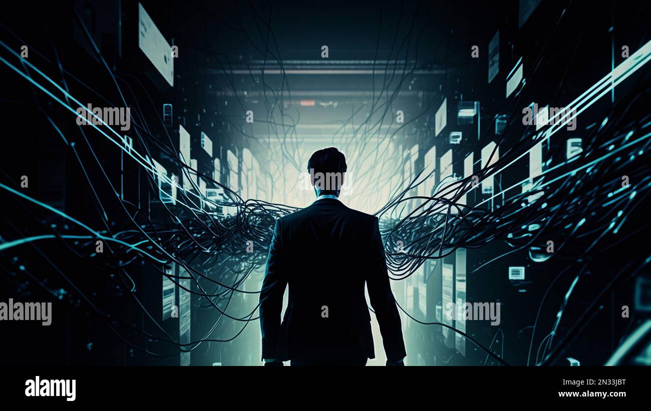 Businessman walking to digital world which full of data network and ...