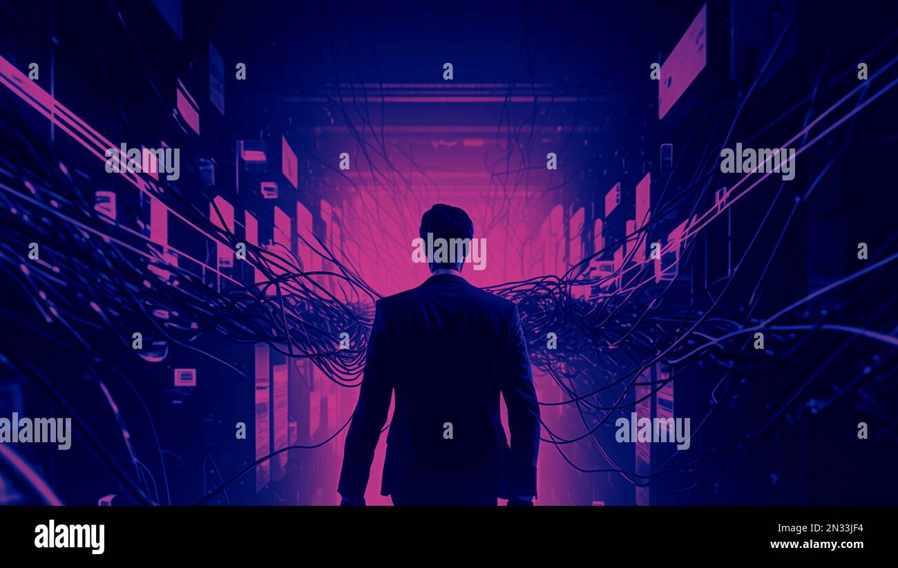 Businessman walking to digital world which full of data network and ...