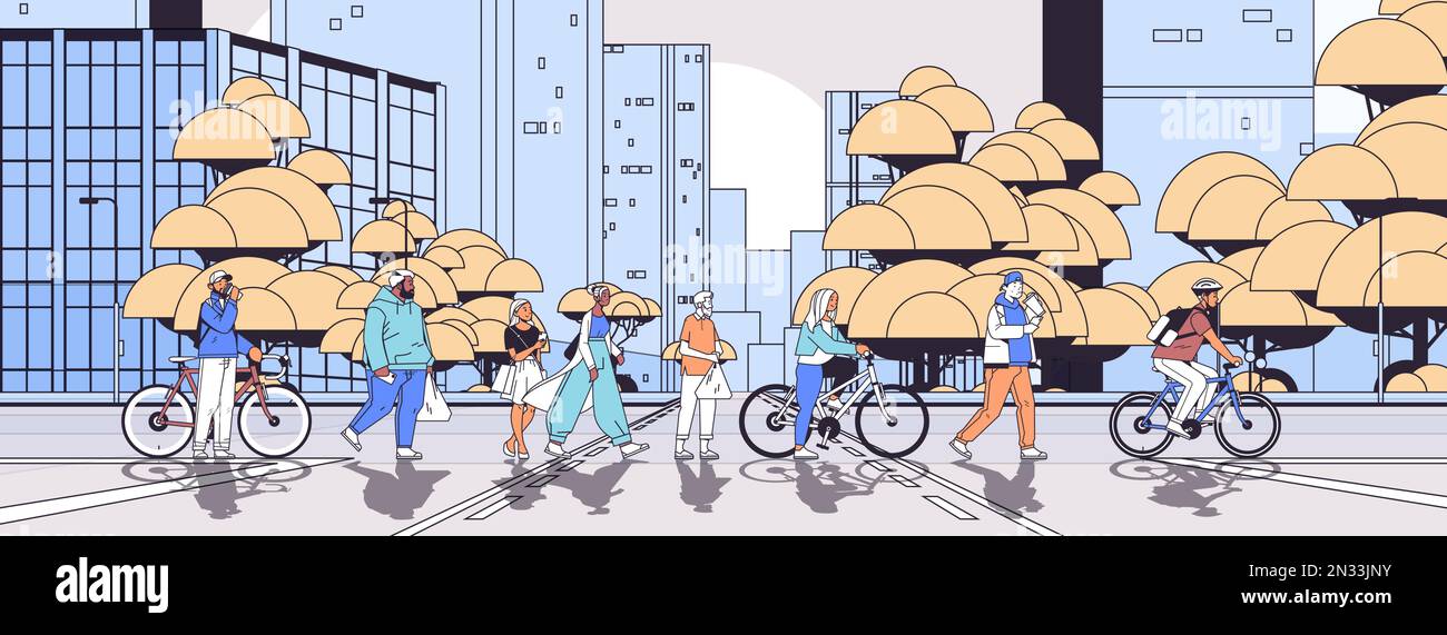 cyclists and pedestrians walking street people crossing road modern ...