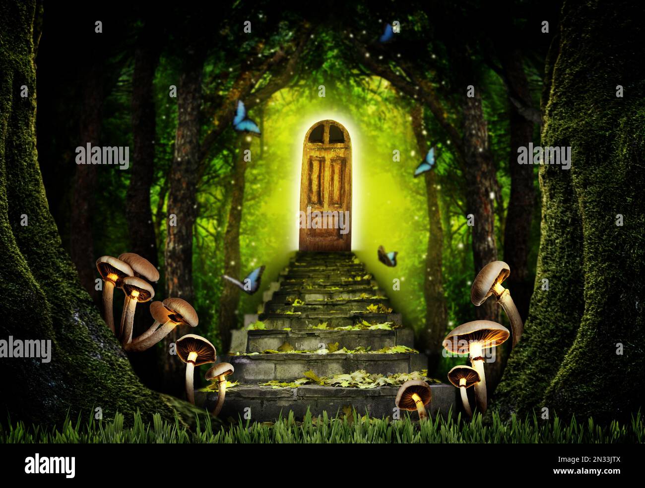 Fantasy world. Mushrooms at stone steps leading to magic door in ...