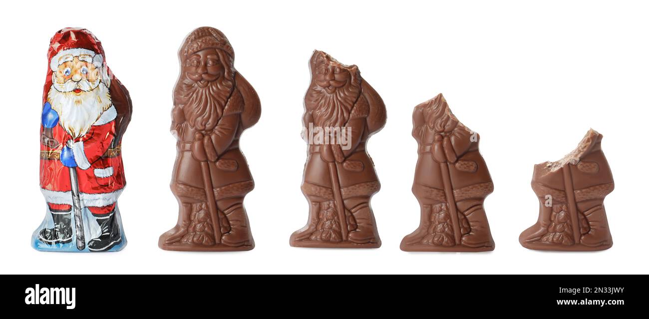 Tasty chocolate Santa Claus candy on white background, eating steps ...