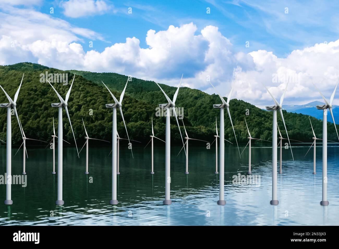 Floating wind turbines installed in water near mountains. Alternative ...