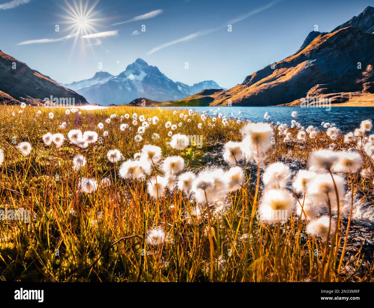 Macro landscape photography. Sunny morning scene of Bachalp lake ...