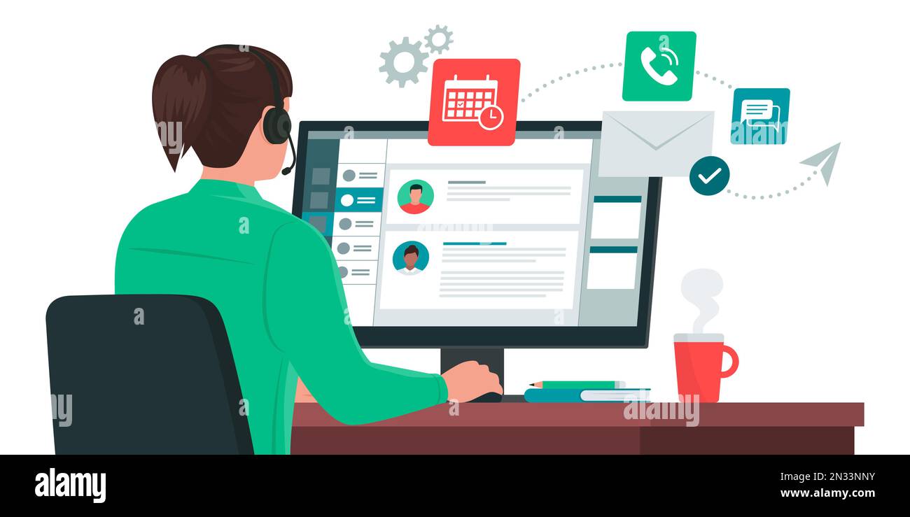 Professional virtual assistant sitting at desk and working with ...