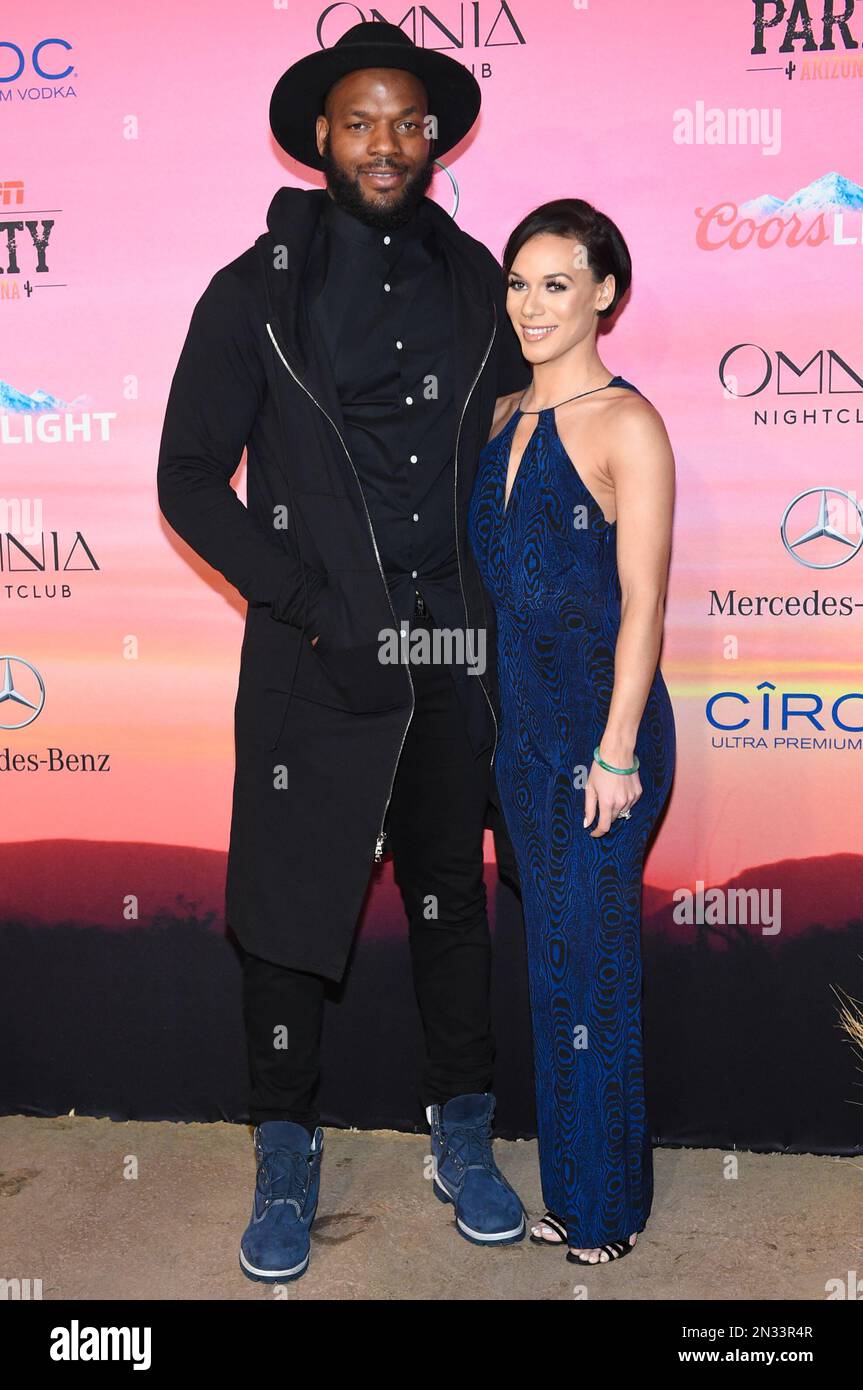 Martellus Bennett, left, and Siggi Walker arrive at the ESPN Super Bowl ...