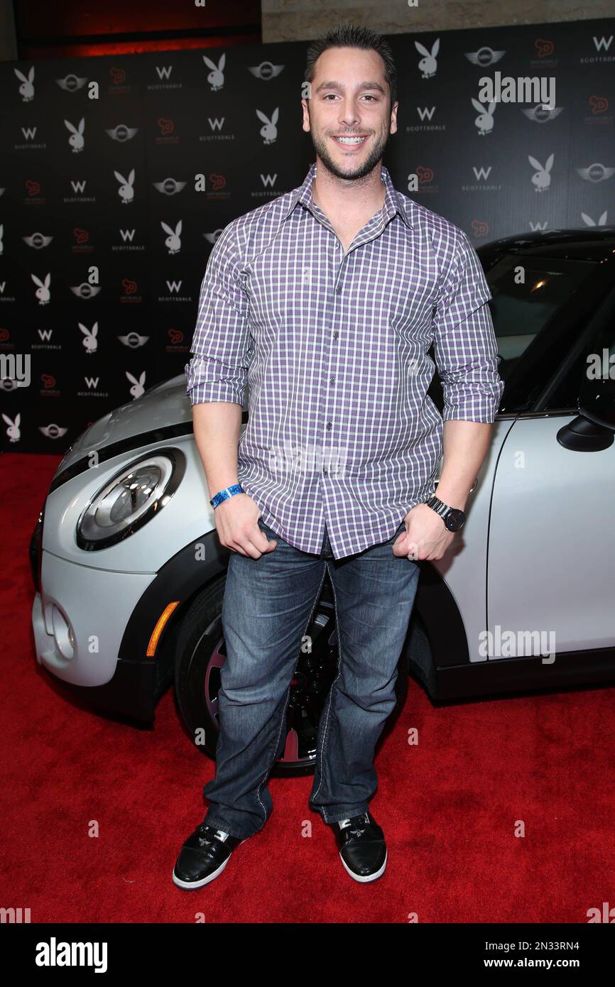 George Kottaras arrives at the Playboy Super Bowl XLIX Party on Friday ...